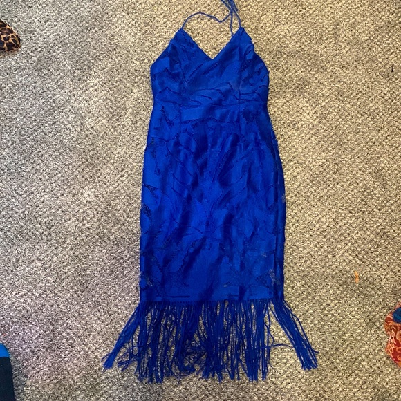 Dresses | Royal Blue Halter Lace Dress With Fringe Detail Size M | Poshmark